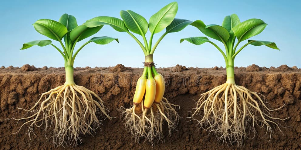 Three Banana Plants Growing from the Soil, Showcasing Their Extensive ...