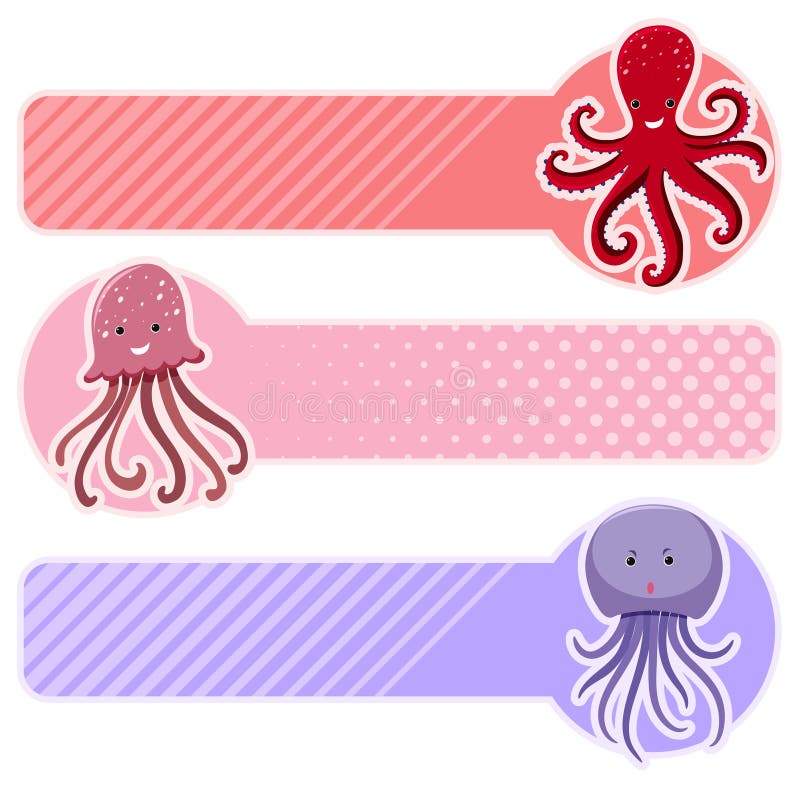 Three Banners with Octopus and Jellyfish Stock Vector - Illustration of ...