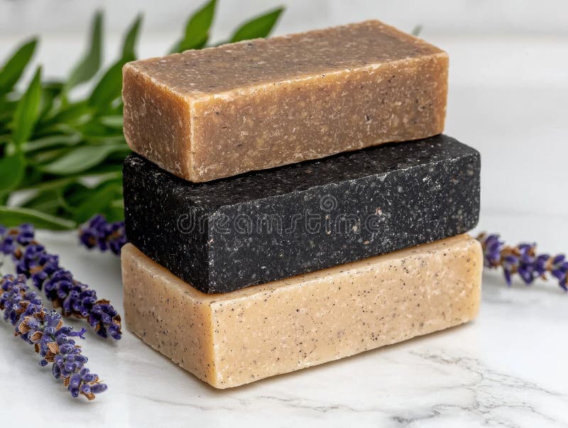 Three Bars of Handmade Soap Stacked on a Marble Surface Stock ...