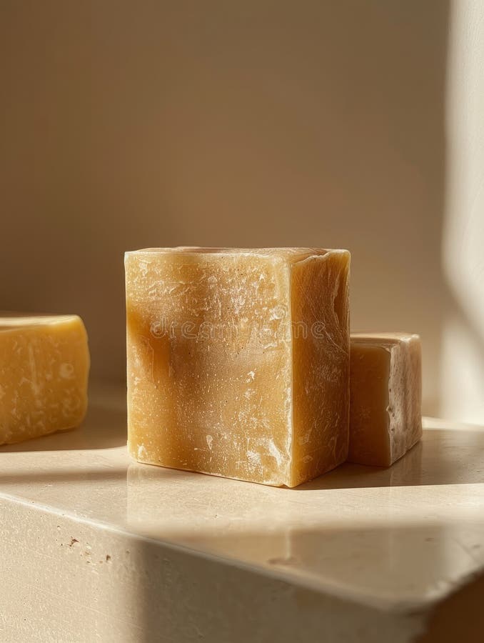 Three Bars of Natural Soap in Warm Lighting on a Light Surface. Stock ...
