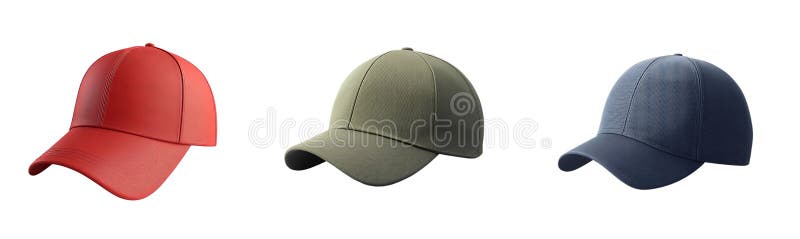 Three Baseball Caps in Different Colors and Textures, Including Red ...