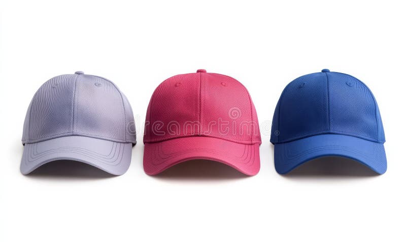 Three Baseball Caps in Different Colors on White Background Stock ...