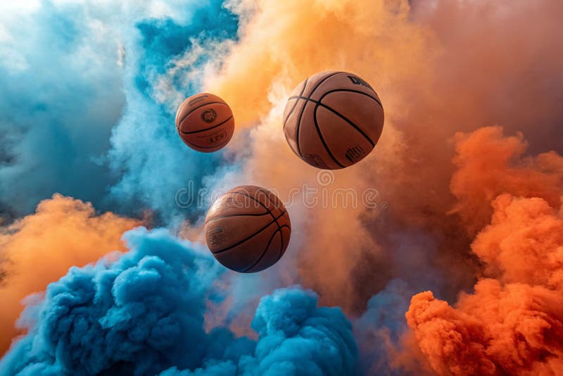 Three Basketballs Floating in Vibrant Blue and Orange Smoke - Generated ...