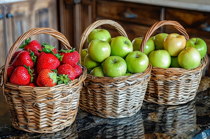 Three Baskets Filled with Apples and Strawberries. Generative AI Stock ...