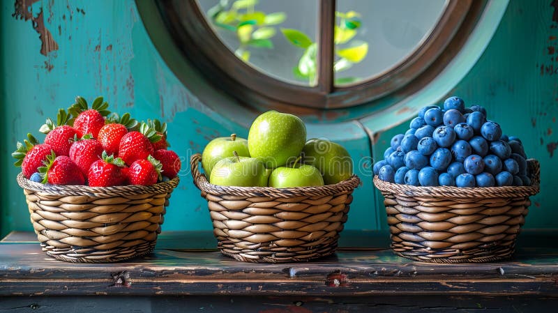 Three Baskets Filled with Different Fruits Stock Photo - Image of ...