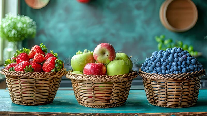 Three Baskets Filled with Different Fruits on a Table Stock Image ...