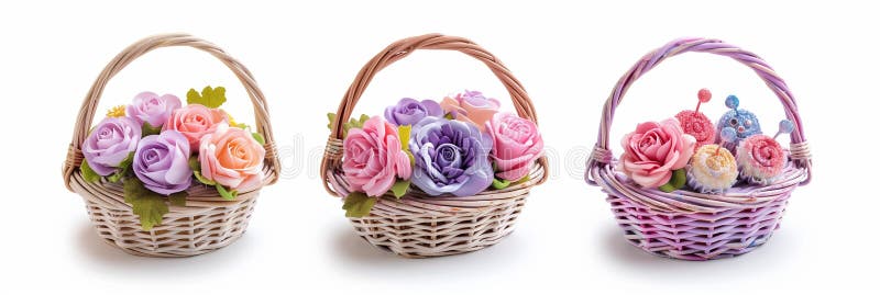 Three Baskets with Pastel Colored Roses, on White Background Stock ...