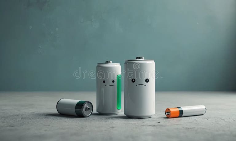 Three Batteries are Shown in a Row, with Two of Them Having Sad Faces ...