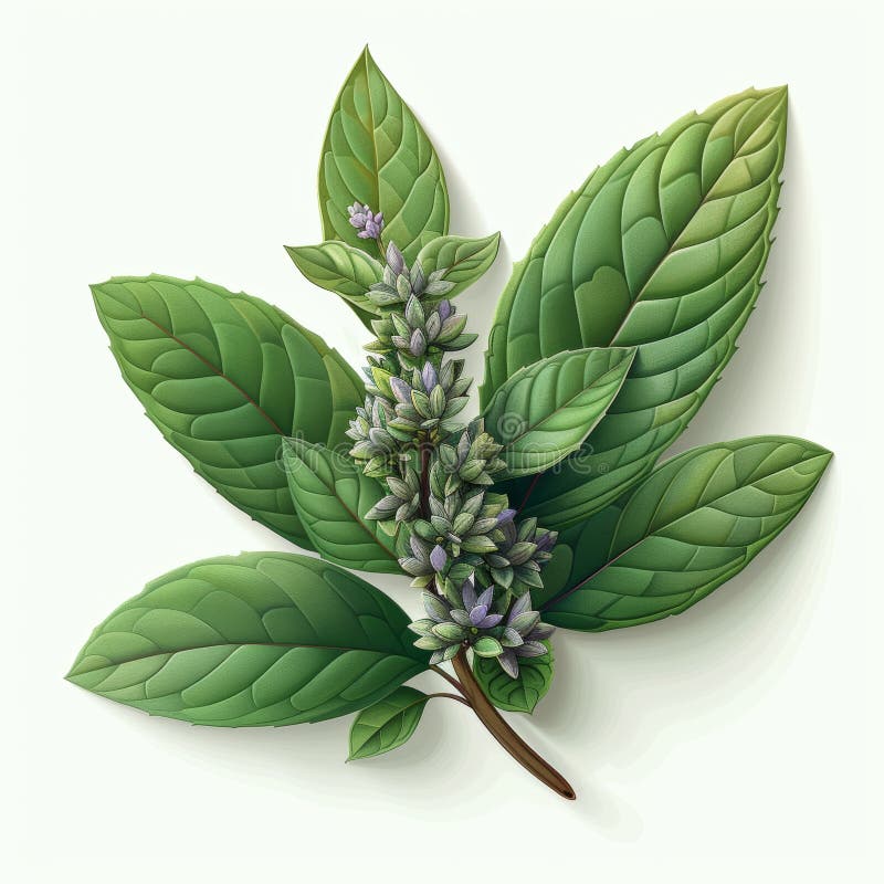Three Bay Leaves with a Mint Flower on White Background, Herbal ...