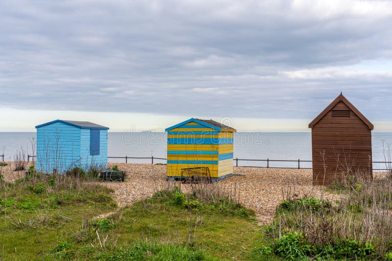 Three Beach Huts Overlooking the Sea in Kingsdown, England Stock Image ...