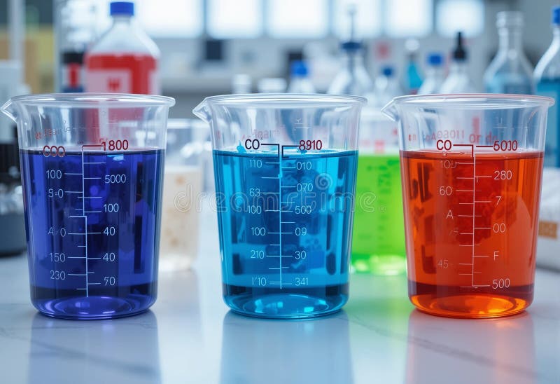 Three Beakers of Different Colors of Liquid are on a Table Stock ...
