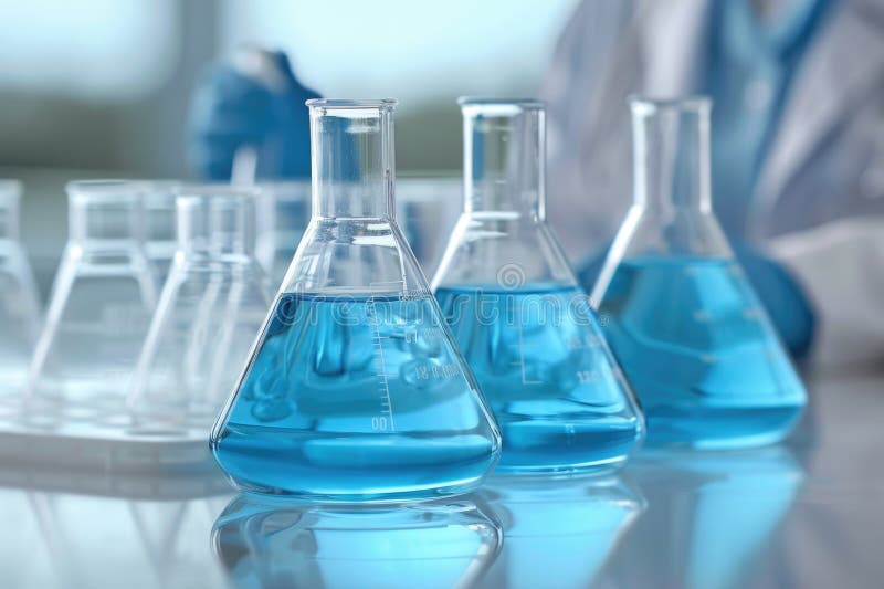 Three Beakers Filled with a Bright Blue Liquid Sit on a Table in a ...