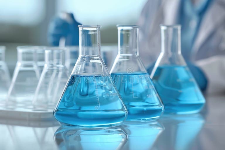 Three Beakers Filled with a Bright Blue Liquid Sit on a Table in a ...