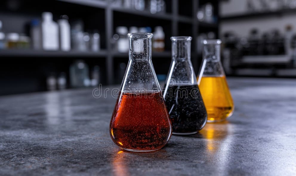 Three Beakers Filled with Different Colored Liquids in a Laboratory ...