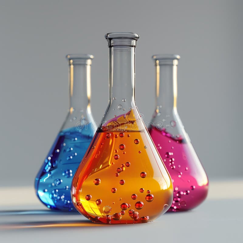Three Beakers with Varying Colored Liquids on a Table Stock Photo ...