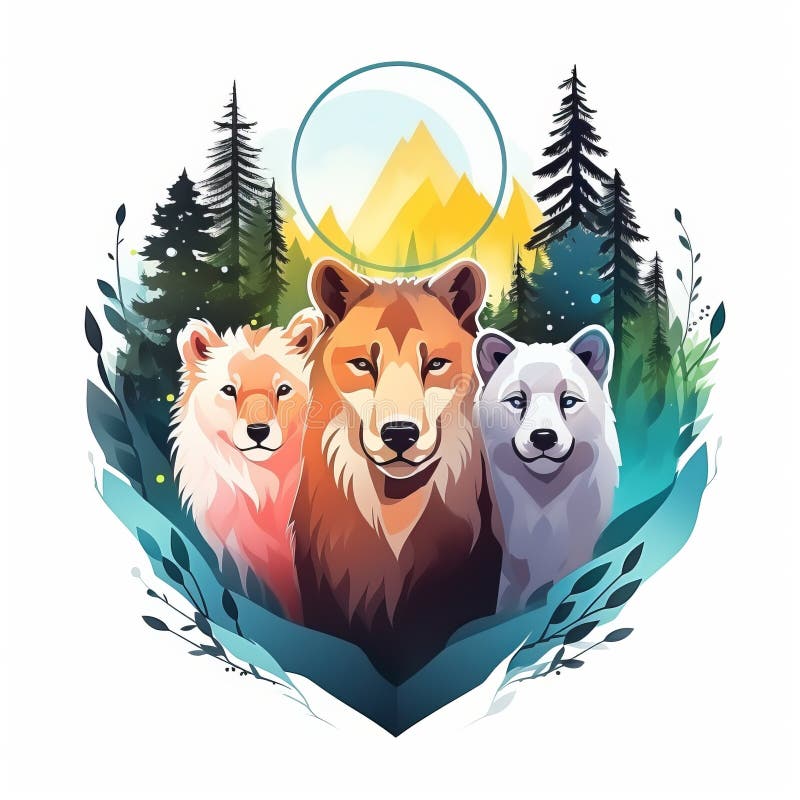 Three Bears in the Forest with Mountains in the Background Stock ...