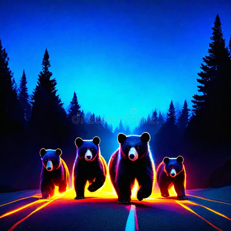 Three Bears on the Road in the Forest. 3D Rendering Stock Illustration ...