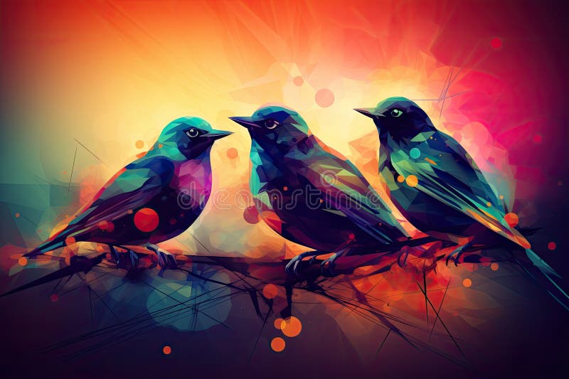 Three Beautiful Birds on a Tree Branch, Colorful Bright Background ...