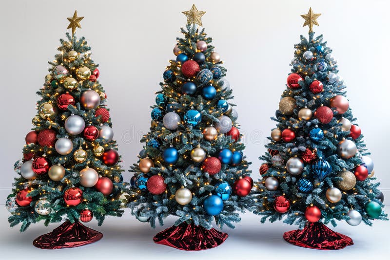 Three Beautiful Decorated Christmas Trees Isolated on White Stock ...