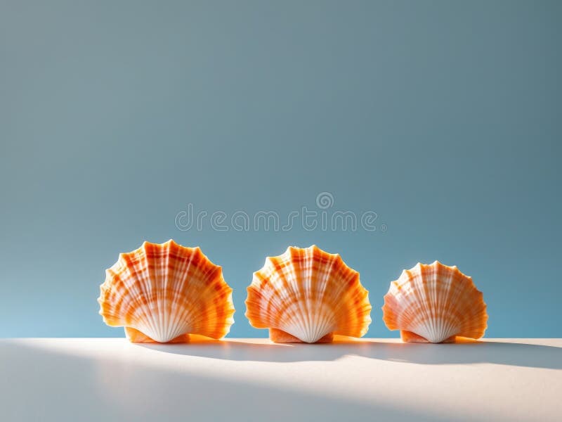 Three Beautiful Seashells Arranged on a White Surface with a Soft Blue ...
