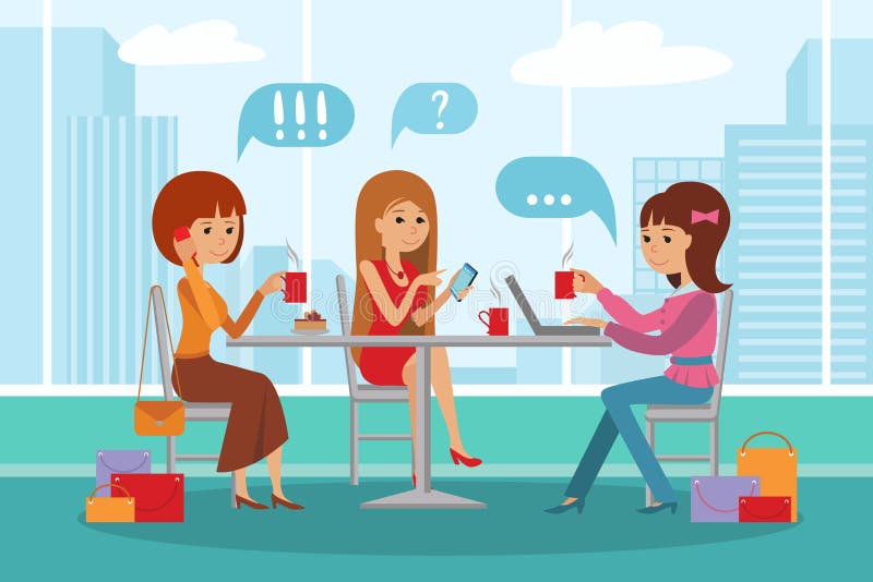 Three Beautiful Women Talking At Coffee Shop While Drinking And Using