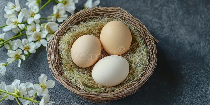 Three Beautifully Decorated Eggs Rest in a Nest Alongside a Vibrant ...