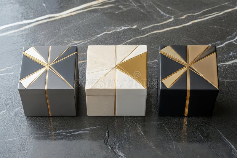Three Beautifully Designed Geometric Gift Boxes Sit on a Sleek Stone ...