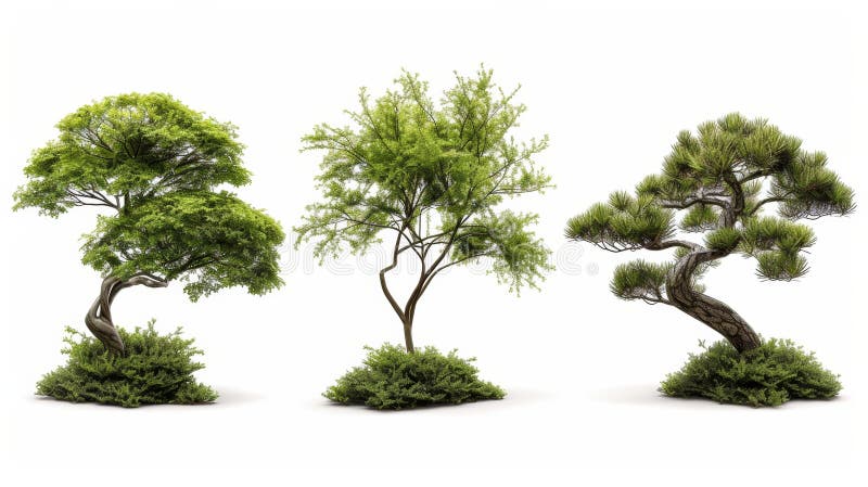 Three Beautifully Shaped Bonsai Trees on a White Background, Showing ...
