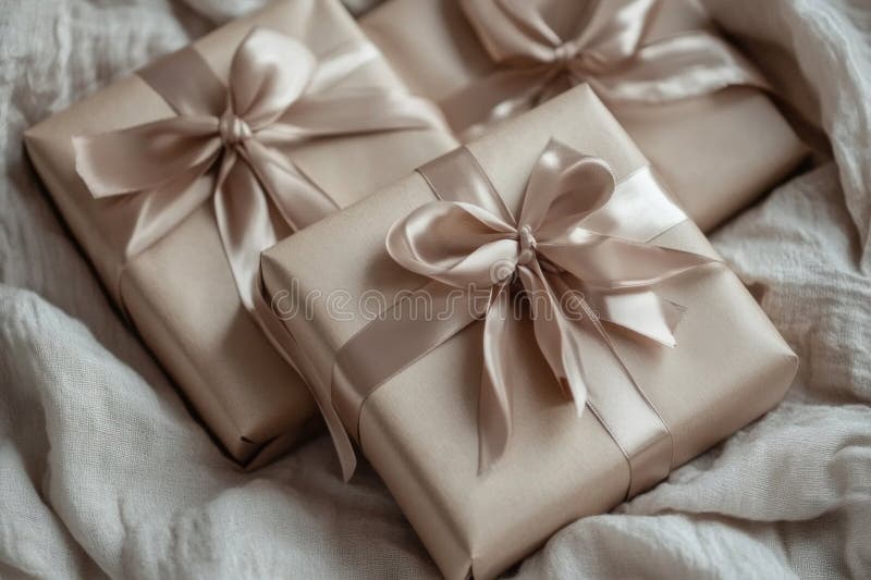 Three Beautifully Wrapped Gift Boxes with Satin Ribbons Stock ...