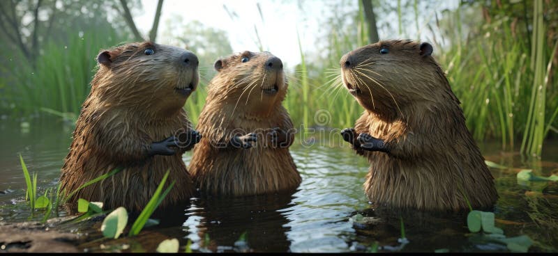 Three Beavers Have a Conversation Near the Water Stock Image - Image of ...