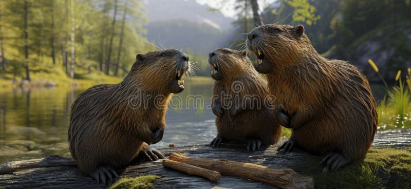 Three Beavers Have a Conversation Near the Water Stock Image - Image of ...