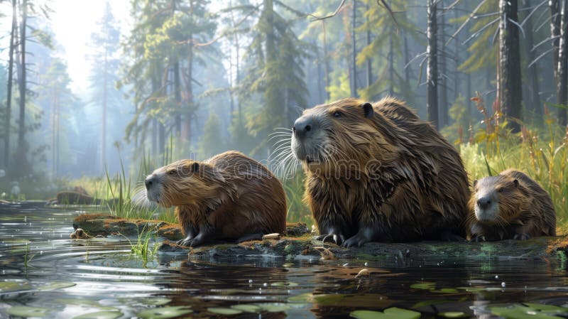 Three beavers on the river stock illustration. Illustration of family ...