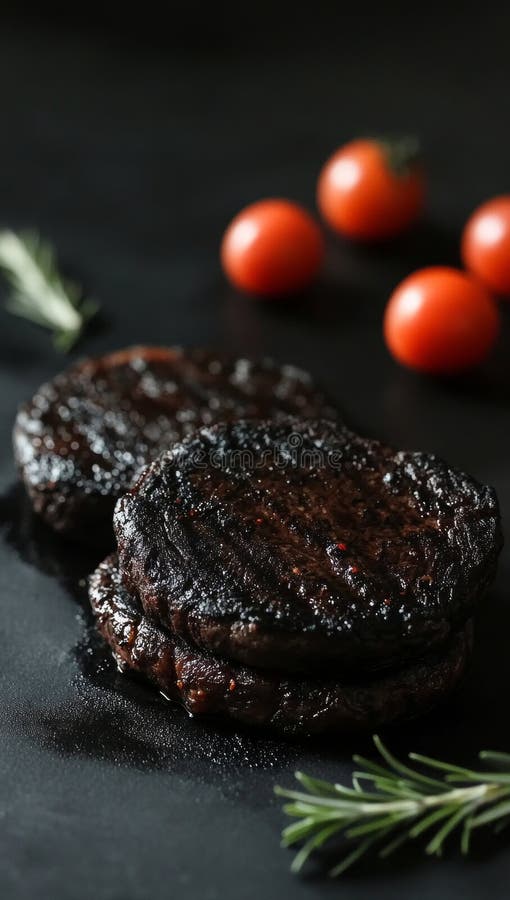 Three Beef Steaks Grilled with Rosemary and Cherry Tomato, Created by ...