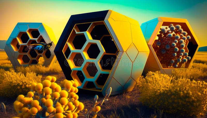 Three Beehive Shaped Structures in the Middle of Field. Generative AI ...