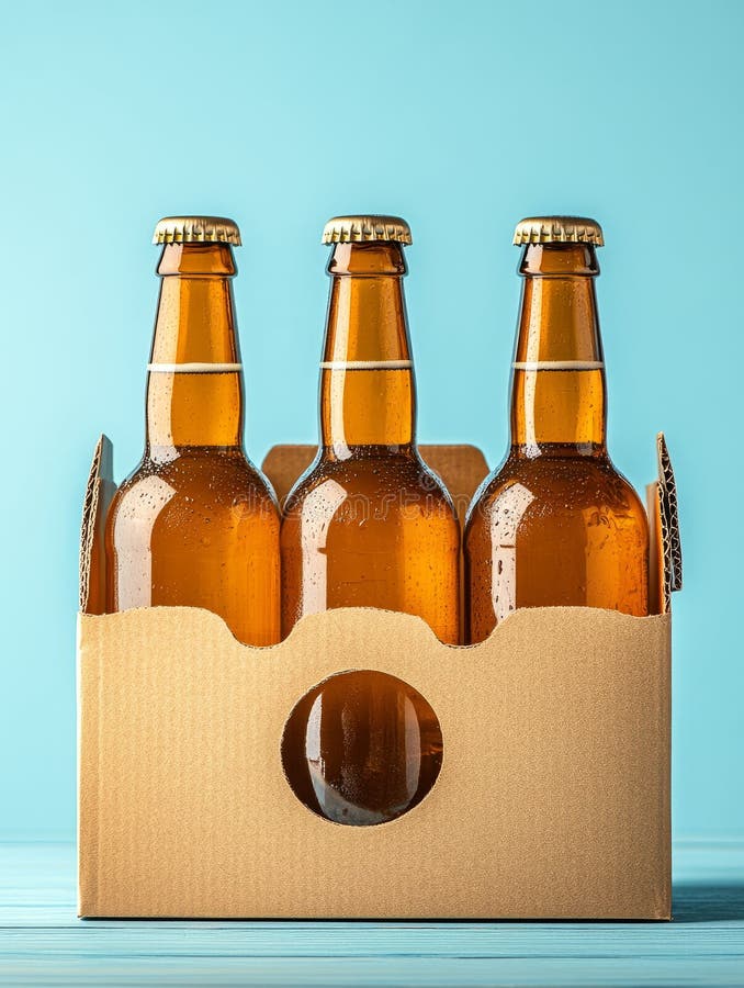 Three Beer Bottles in a Cardboard Pack on a Blue Background. Stock ...