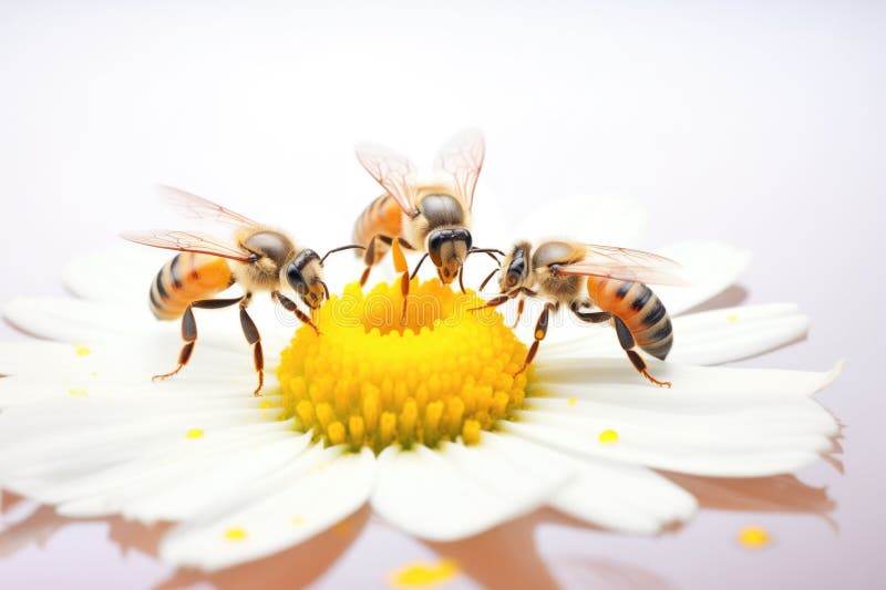 Three Bees on Daisy Petals Collecting Pollen Stock Illustration ...