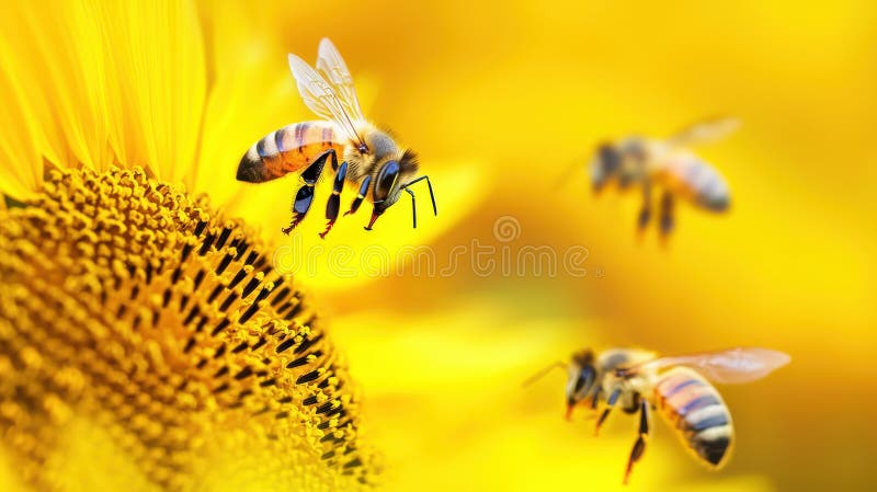 Three Bees Flying Around a Yellow Flower Stock Illustration ...