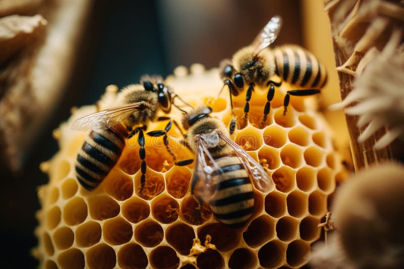 Three Bees are Working on Honeycomb. Generative AI Stock Illustration ...