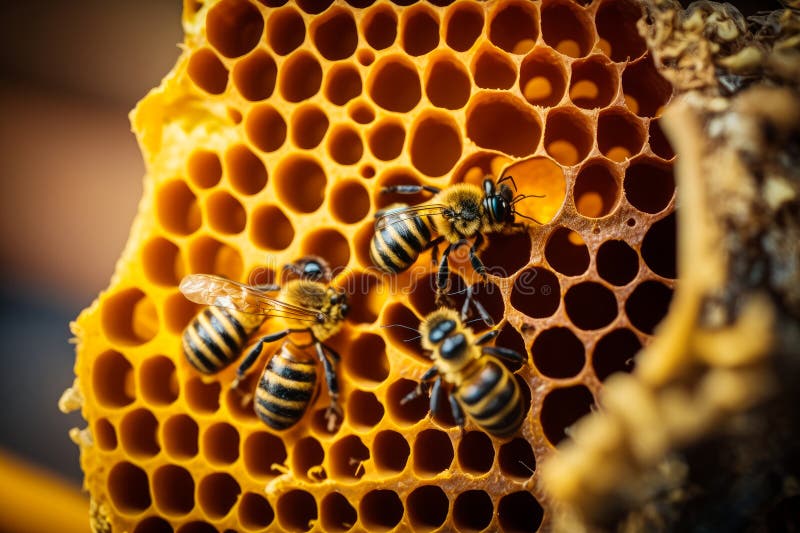 Three Bees are Working on Honeycomb. Generative AI Stock Illustration ...