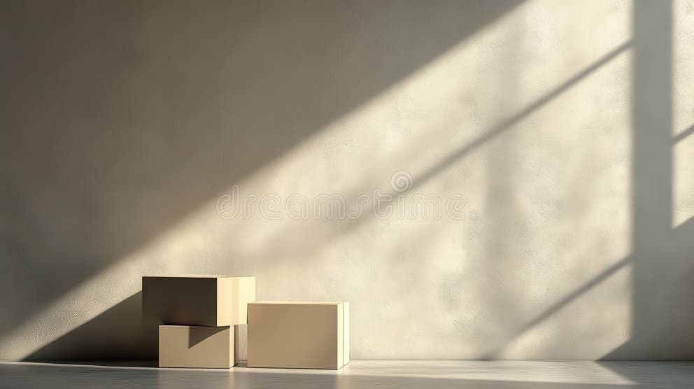 Three Beige Boxes on a White Floor with a Window Shadow Stock ...