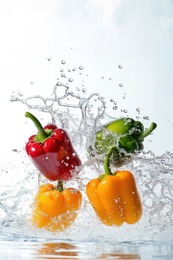 Three Bell Peppers Splashing in Water on White Background Stock ...