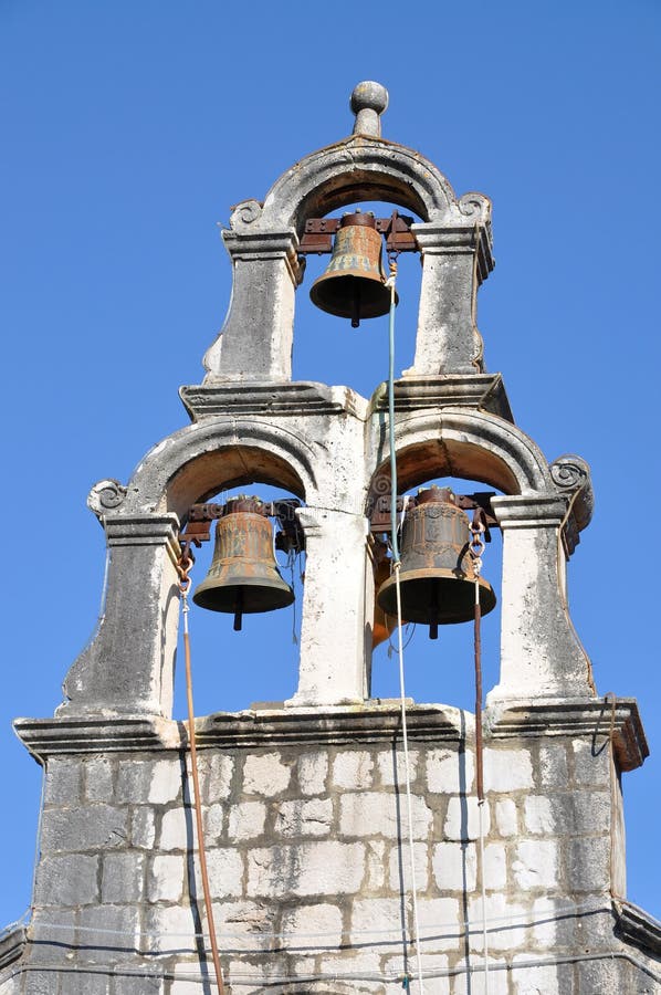 Three Bells on the Bell Tower of the Orthodox Church on the Back Stock ...