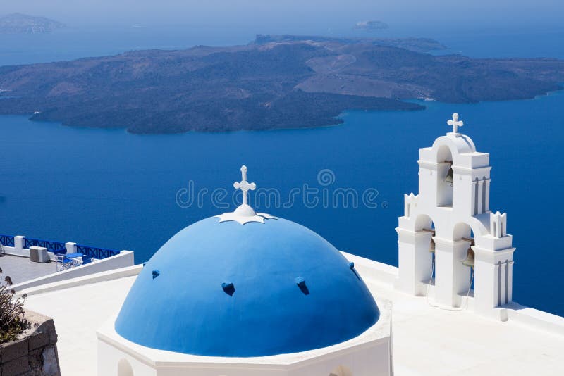 The Three Bells of Fira and Blue Dome Stock Photo - Image of fira ...