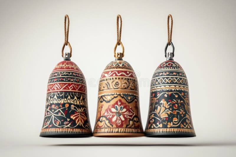 Three Bells Hanging from a Rope, Each with a Different Design Stock ...