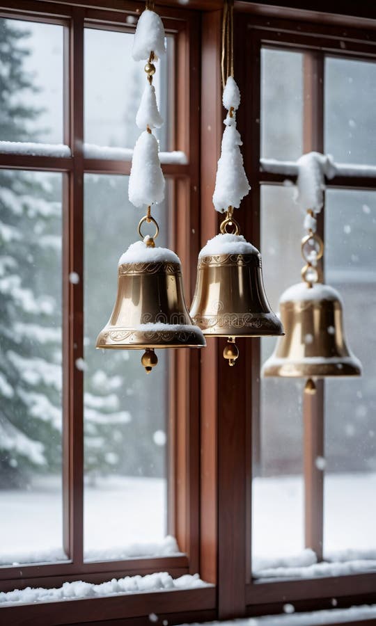 Three Bells Hanging from a Window in the Snow. Generative AI Stock ...
