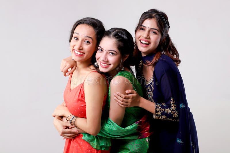 Three Best Friends in Indian Dress Looking at Camera Stock Photo ...