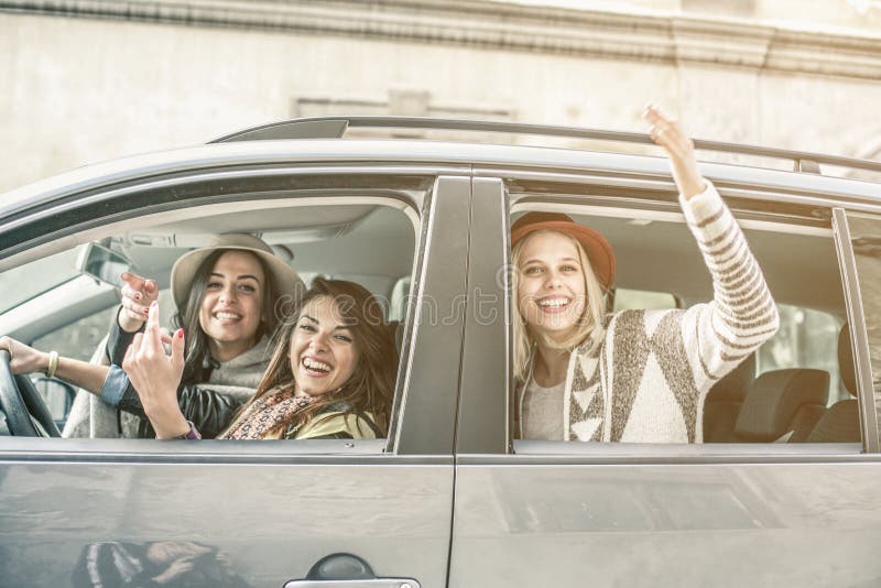 Three Best Friends Riding in the Car. Stock Photo - Image of enjoyment ...