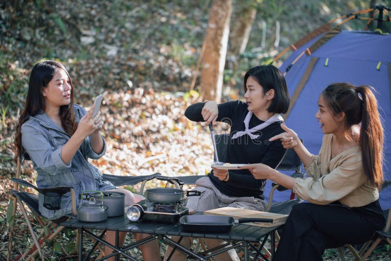 Three Bestie Go Camping in the Forest Stock Image - Image of outdoor ...