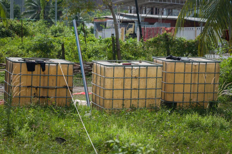 Three Big Metal Framed Water Tank or Oil Tank Stock Photo - Image of ...