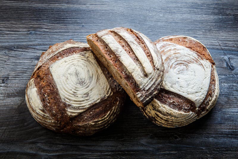 Three Big Pieces of Handmade Round Black Bread Stock Photo - Image of ...